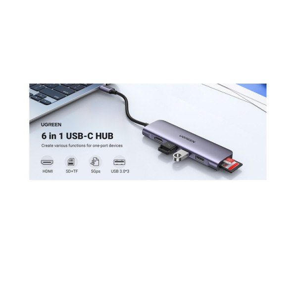 USB ჰაბი: UGREEN CM511 5-In-1 Adapter USB-C Hub To 3xUSB 3.0 HDMI TF/SD Gray - 20956A